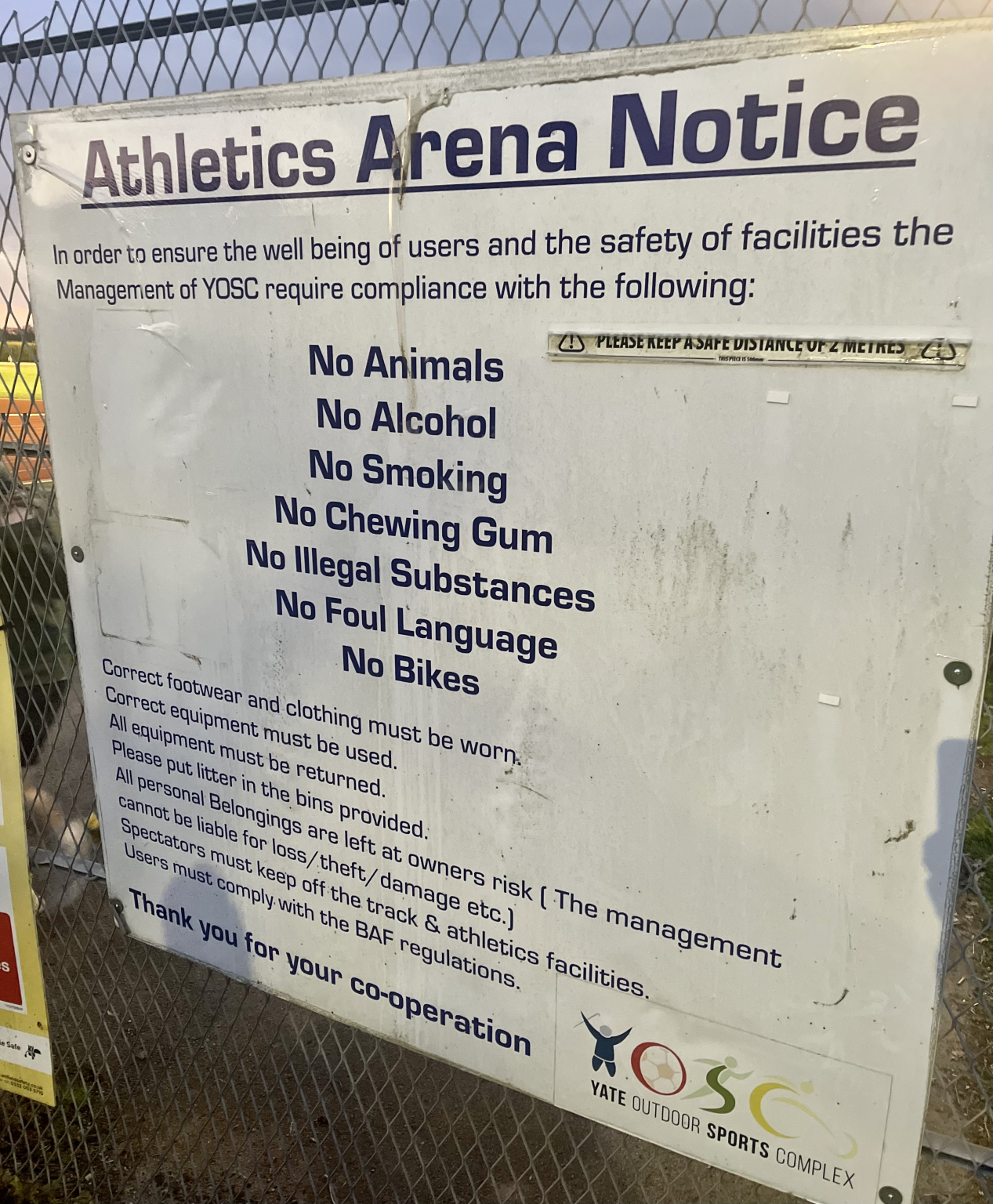 YOSC rules for facility users - YATE & DISTRICT ATHLETIC CLUB